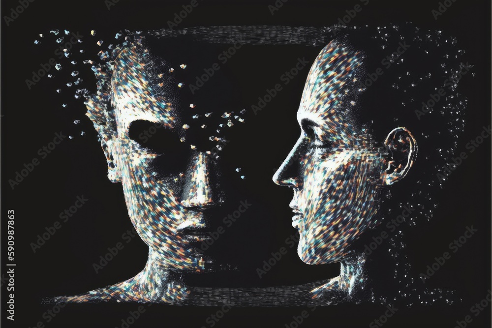 Ilustração Surrealistic human face created by arrayed pixel particles ...