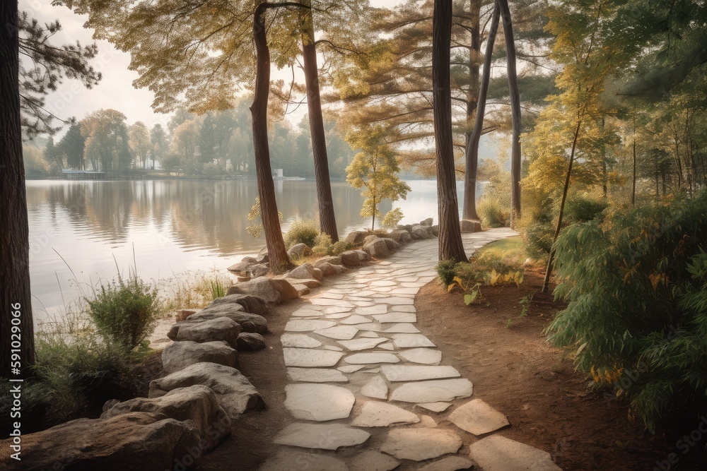 natural stone pathway winding among trees, leading to a serene lake ...