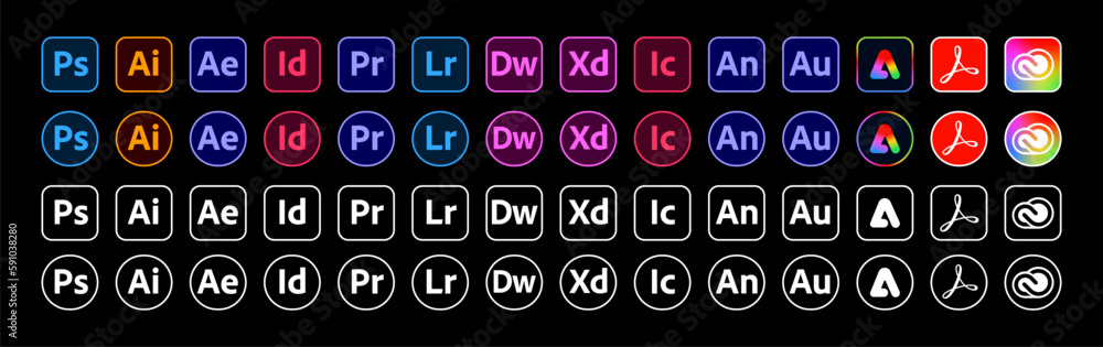 Adobe product. Logotype set of adobe products: adobe, illustrator ...