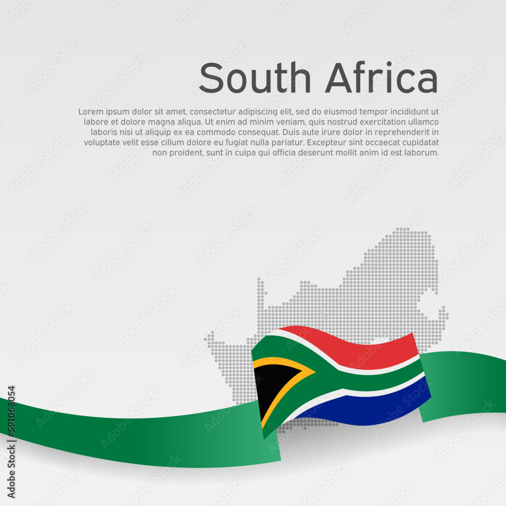 South africa flag, map on white background. Wavy ribbon with RSA flag ...