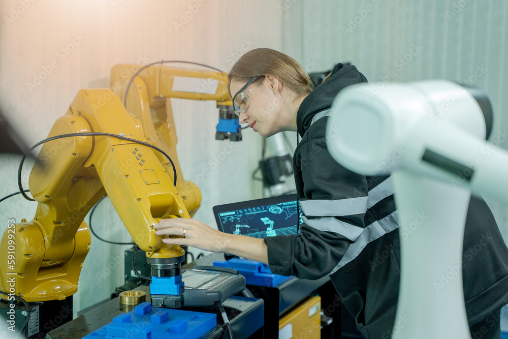 Robotics industry concept,Robotics control engineers setting and ...