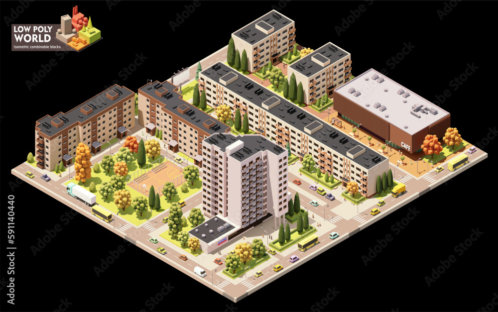 Vector isometric world map creation set. Combinable map elements. Town or city residential area ...