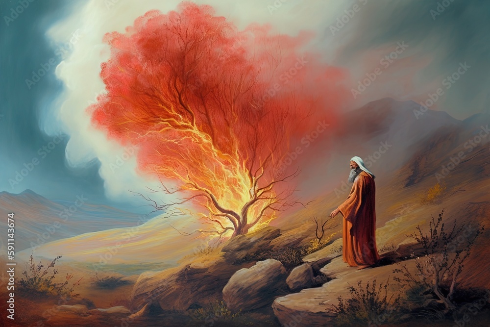 Moses and the burning bush. Moses' meeting with God in the desert oil ...