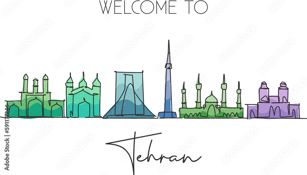 Ilustración de Stock Single continuous line drawing of Tehran city ...
