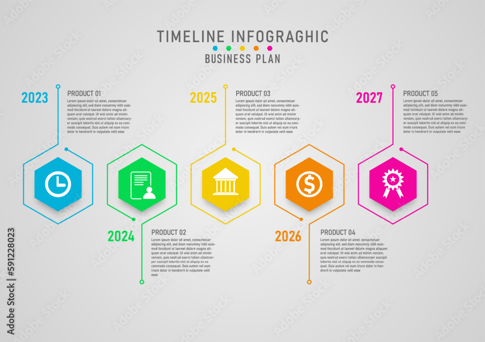 timeline infographic multi colored hexagons with lines Business and ...