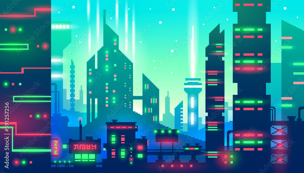 City of future pixelated banner. Cyberpunk metropolis background ...