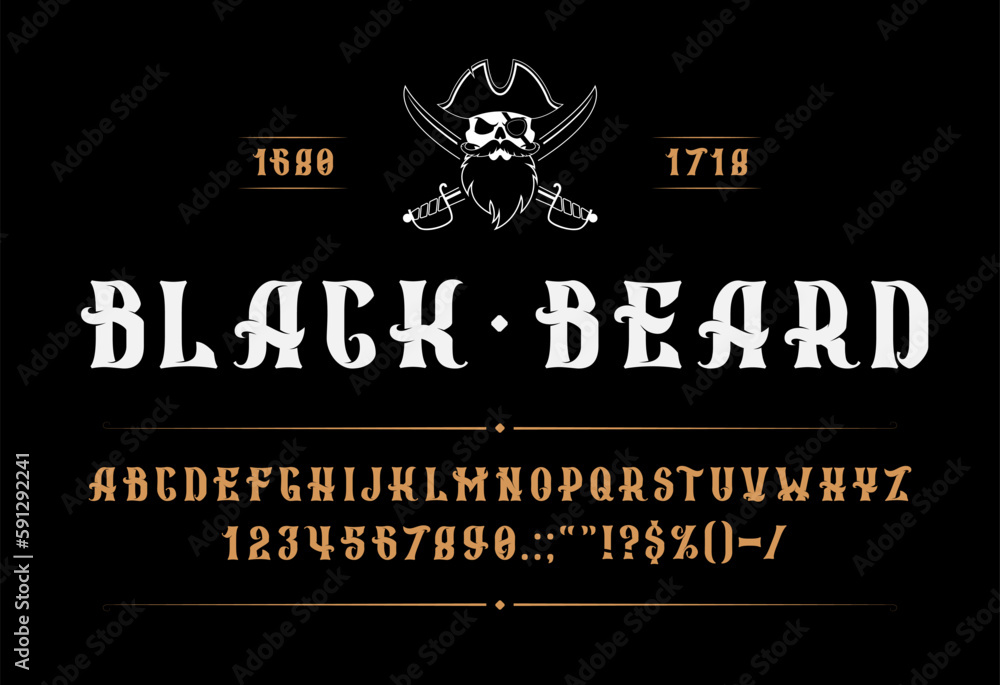 Medieval pirate corsair font, type or typeface. Western alphabet with ...