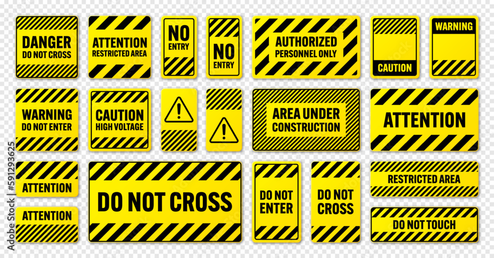 Various black and yellow warning signs with diagonal lines. Attention ...