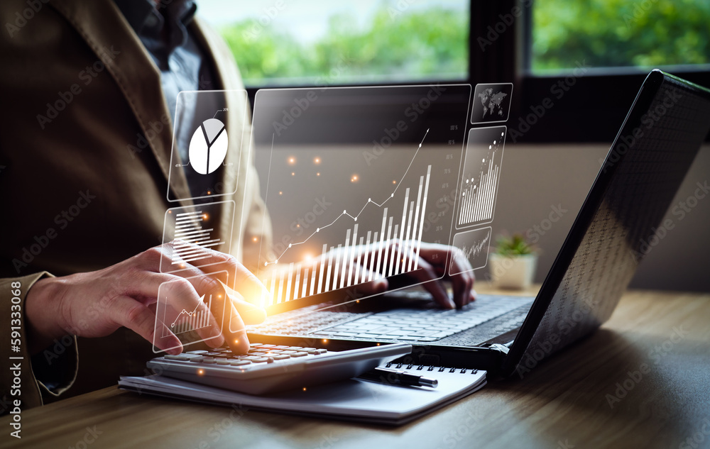 Business data analyst using graphs, metrics, and KPIs to enhance ...