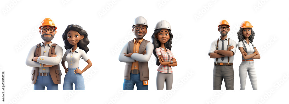Set of 3D cartoon character cute happy multi ethnic young male engineer ...