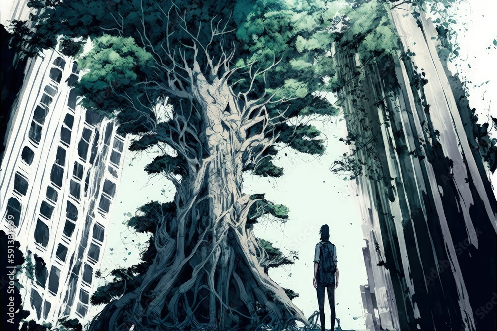 Digital artwork portraying a man standing on colossal trees, gazing at ...