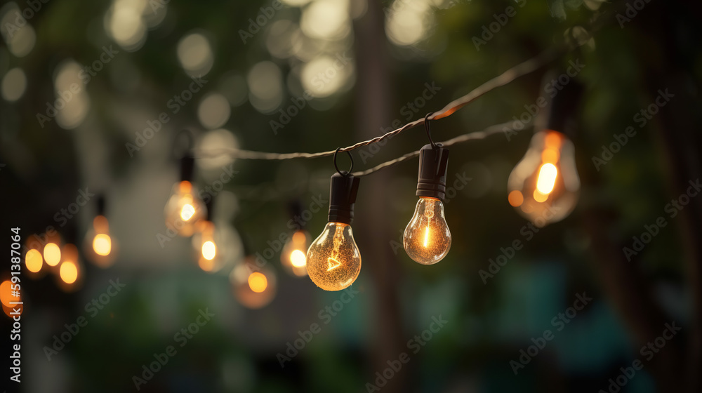 Festive string lights hanging in a backyard on bokeh background ...