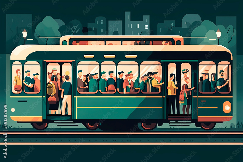 Public transport flat illustration with the crowd at rush hour. Passengers of trolleybus ...