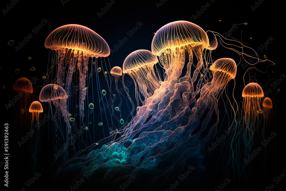 Bioluminescent rainbow jellyfish underwater on a dark black background ...
