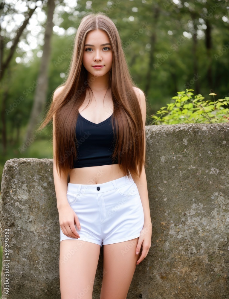 Beautiful teen model girl dressed in a short skirt. Generative AI Stock Illustration | Adobe Stock