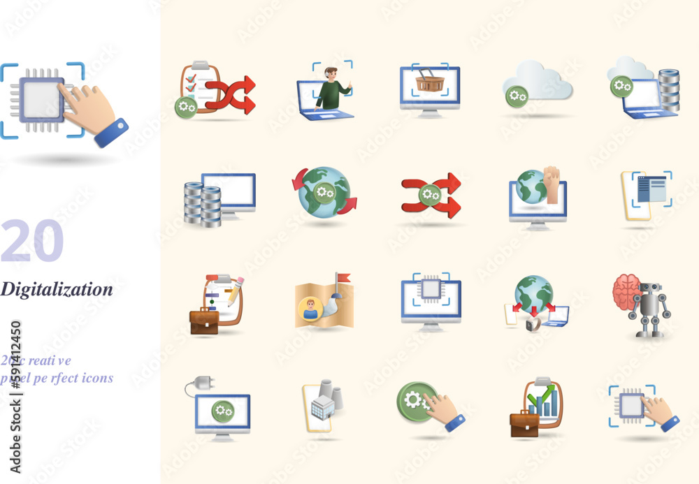 Digitalization set. Creative icons: vehicle to grid, search engine ...