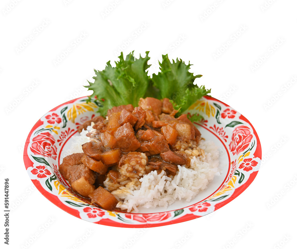 Bicol Express Stew in plate with rice table top. Filipino cuisine spicy ...