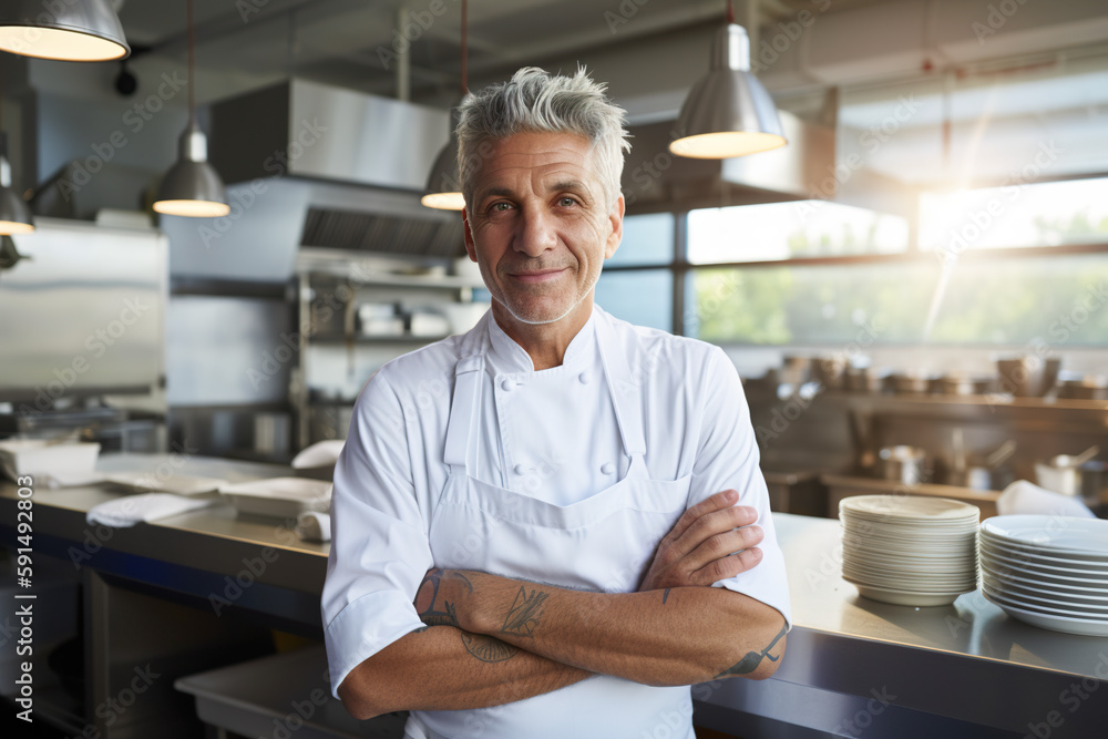Confident owner and skilled male chef standing in his commercial ...