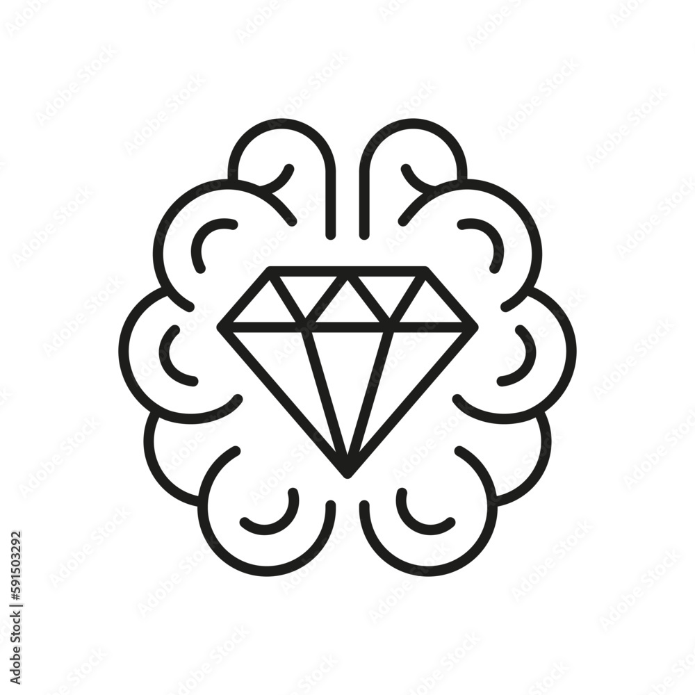 Human Brain with Diamond Black Line Icon. Brilliant Genius Linear ...