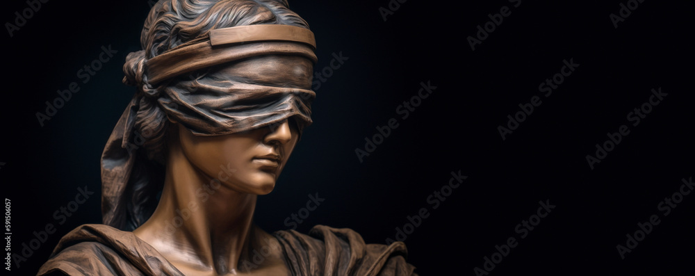 3D illustration of blindfolded Lady Justice. Close up visage of a ...
