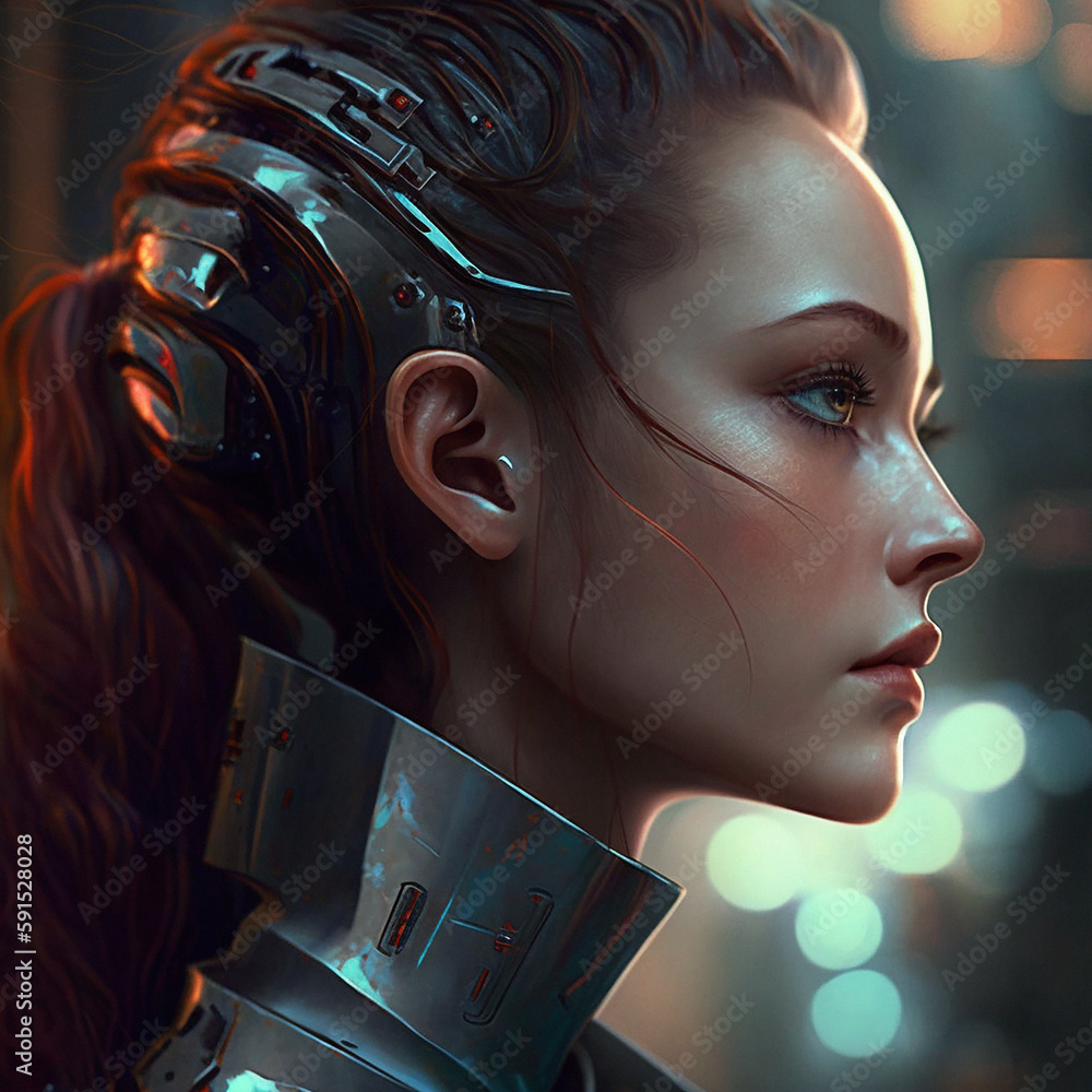 Futuristic, 3d face and cyborg woman profile in digital world, virtual ...