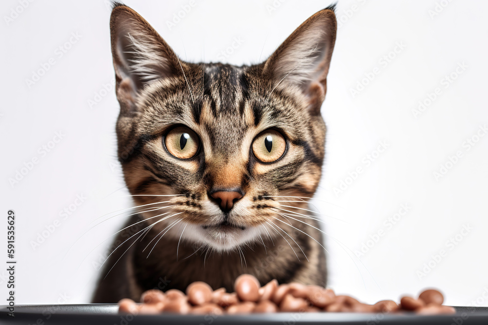 A close-up, adorable image of a cat happily munching on its favorite ...