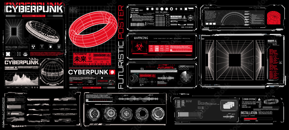 Big cyberpunk collection of retro futuristic elements for design. Retro ...