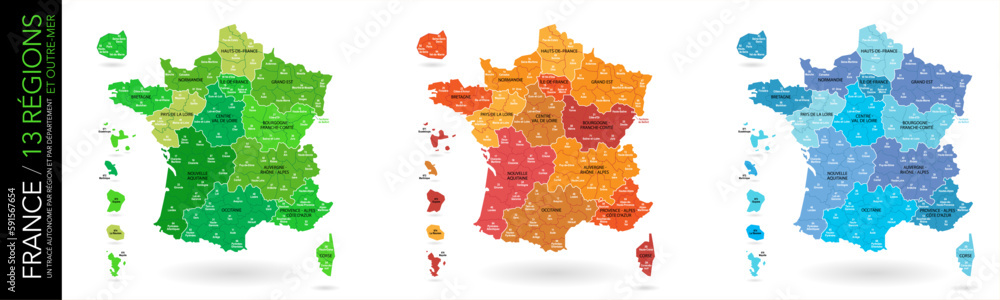 Carte de France / 13 régions et outre-mer avec départements, numéros et ...