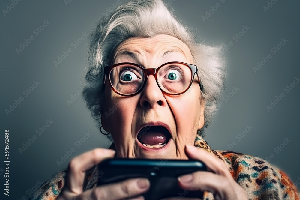Ilustración de Stock Funny old woman trying to use a smartphone and ...