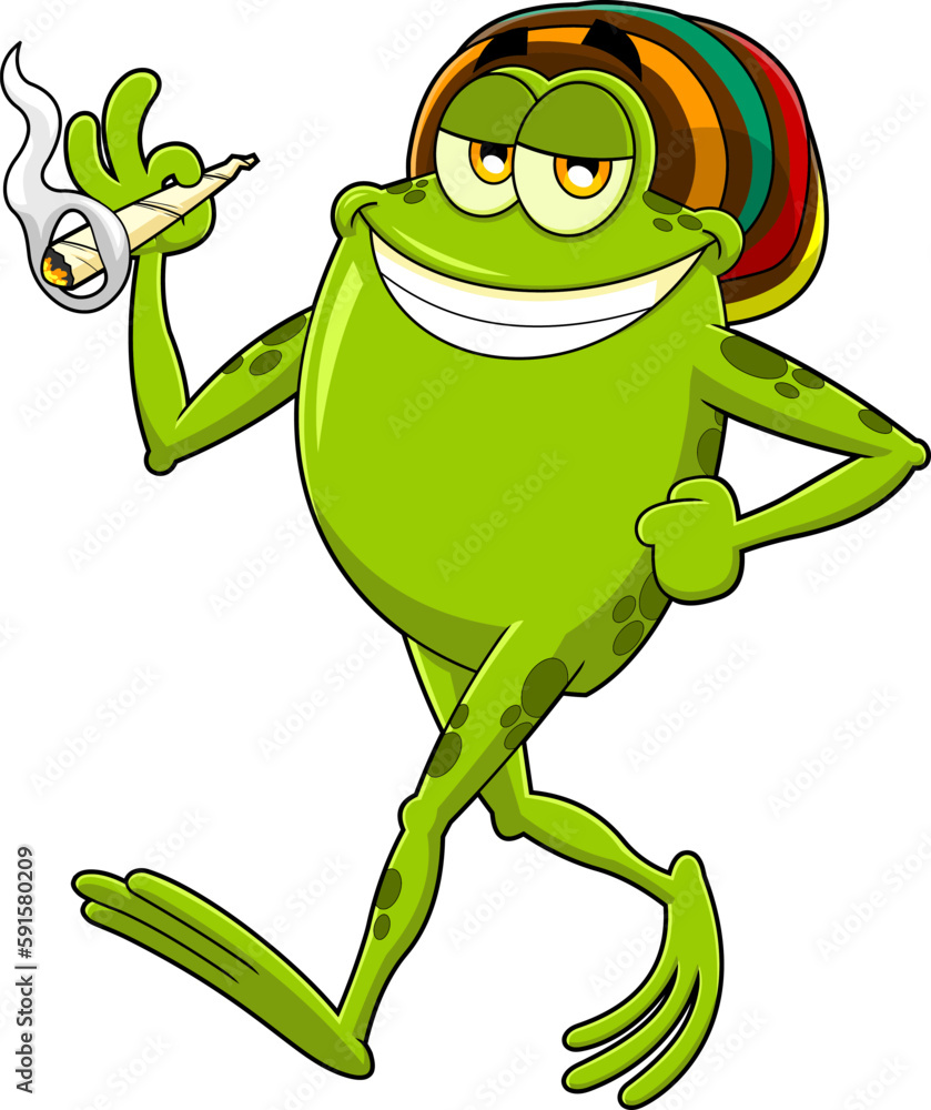 Smiling Frog Cartoon Character Walking And Smoking A Joint. Vector Hand ...