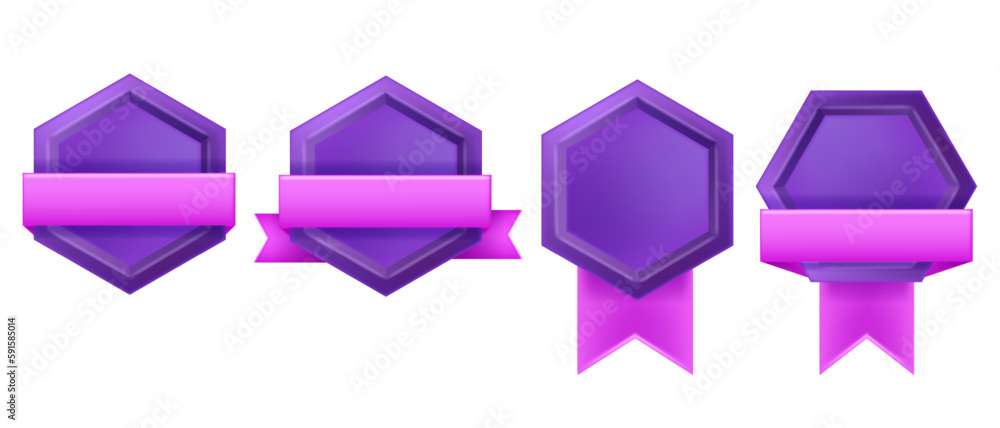 3D rank medial, vector game UI badge trophy, purple hexagon award ...