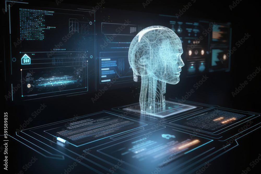 Android robot in cyberspace background. Machine learning concept ...