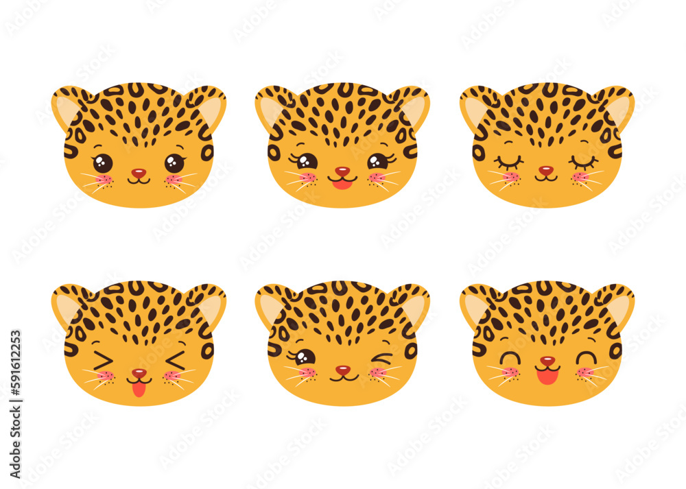 Cute cheetah emoji icon set. Messenger emoticon. Safari animal icons ...