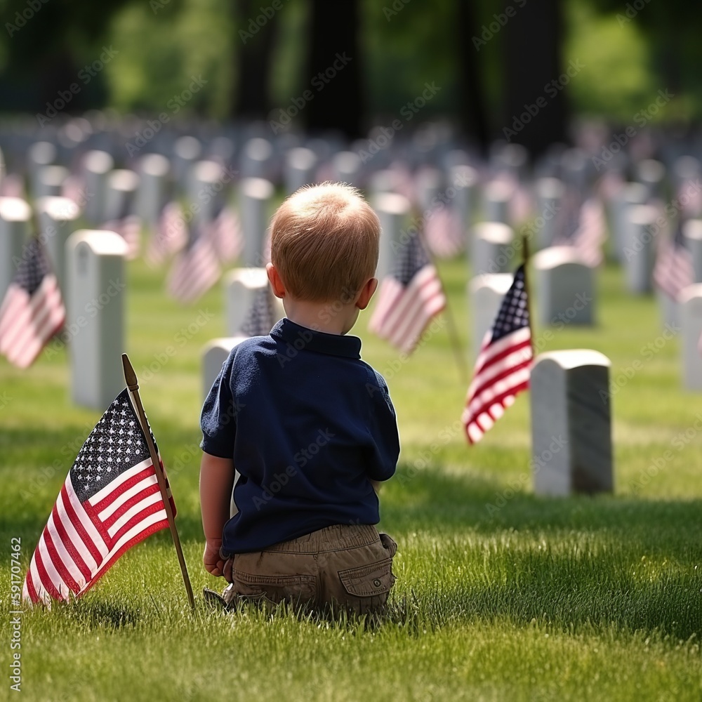 memorial day, little orphan sad boy sitting alone in front of a ...