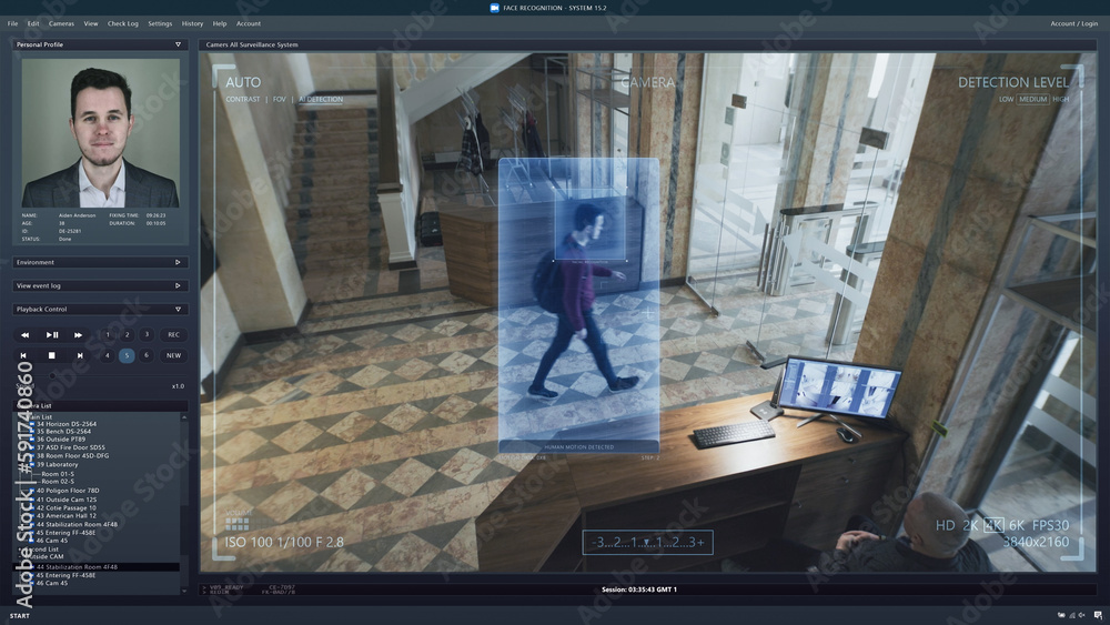 Playback CCTV camera on computer screen. Security camera in coworking ...