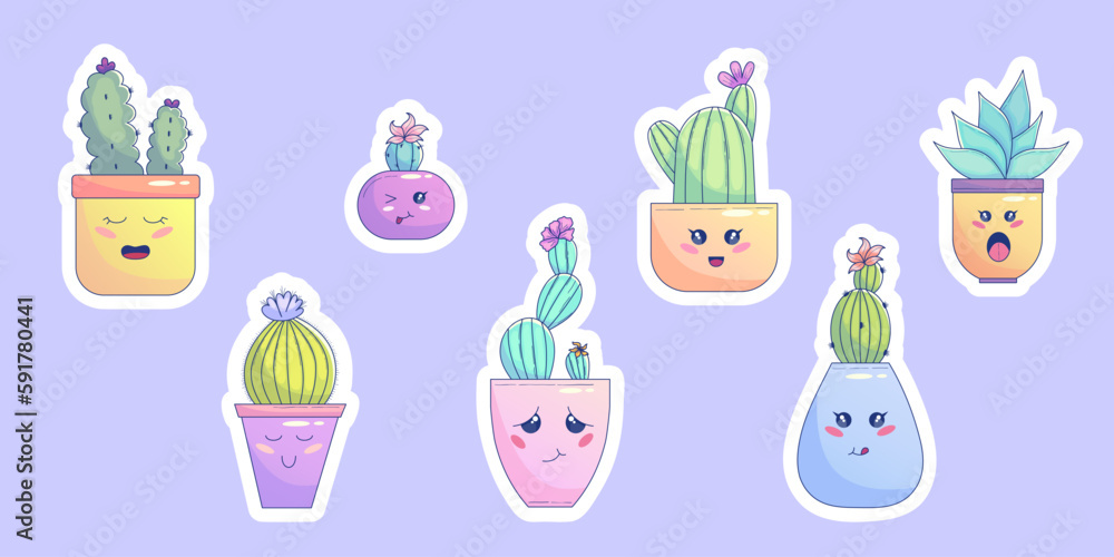 Cute Kawaii Cactus sticker set in pot with face. Cute pastel succulent ...