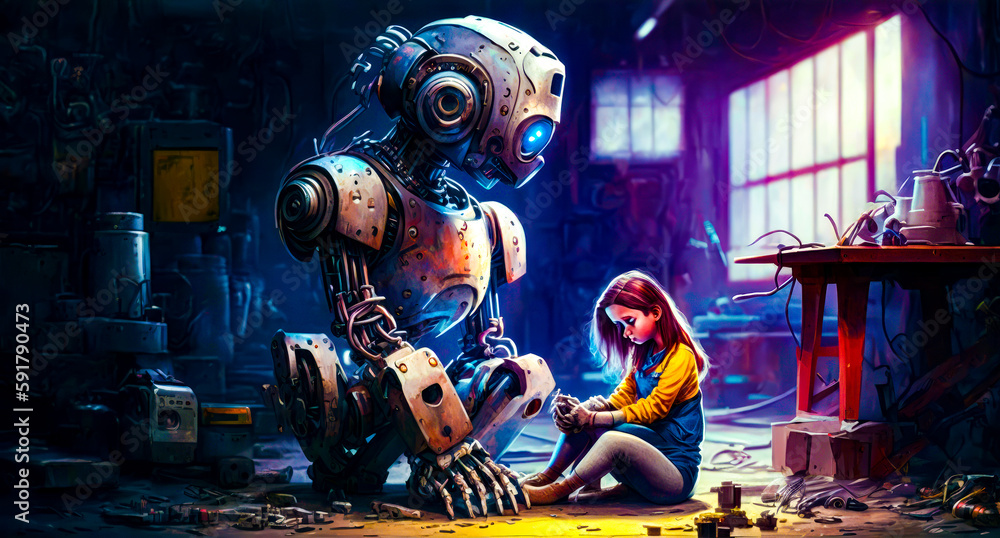 Girl sitting on the ground next to robot in room with other items ...