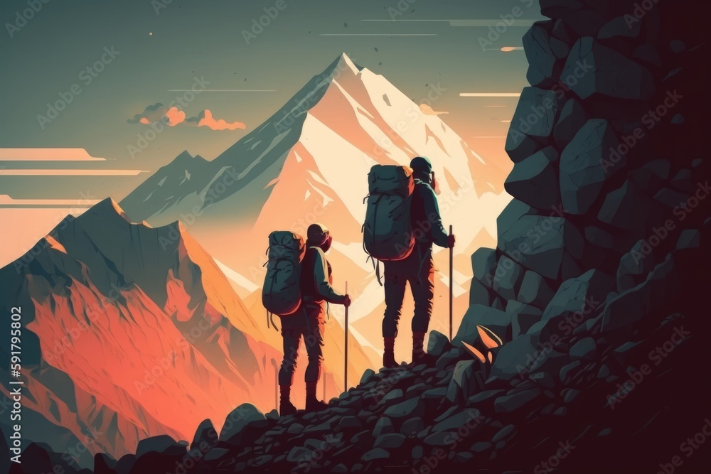 Ilustrace Conquering the Peaks: Inspiring Photo of a Hiker Pushing ...