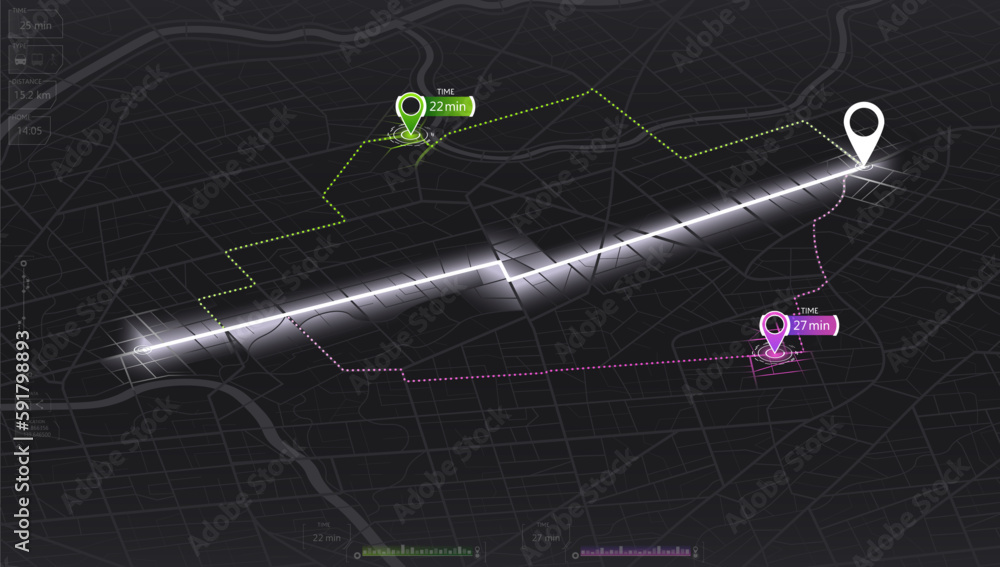 Map mobile app planning travel. Isometric map. City map route, location ...