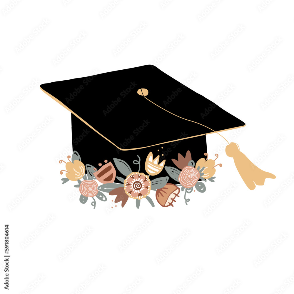 Cute graduation cap decorated with doodle flower wreath. Mortarboard ...
