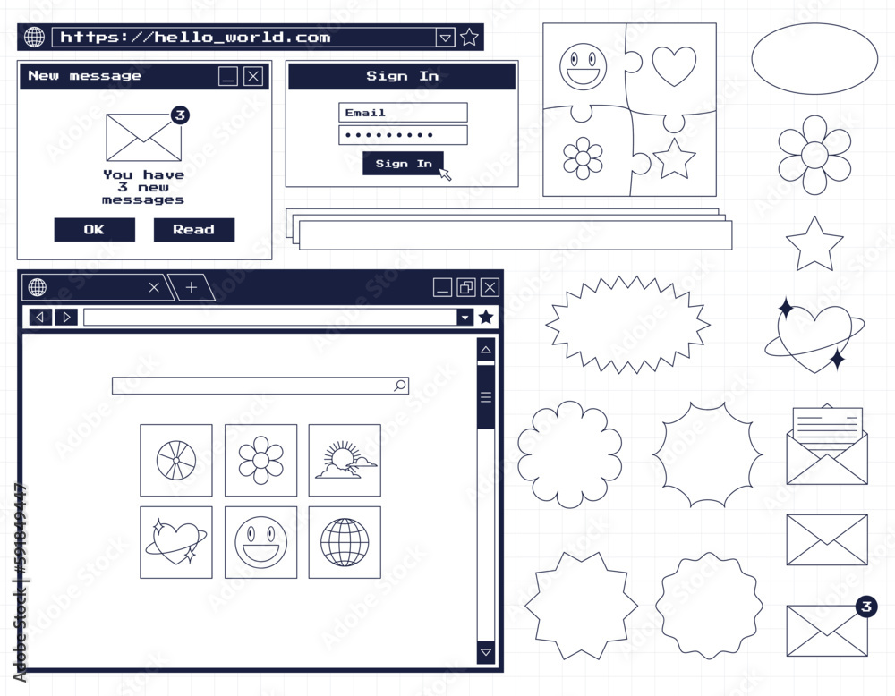 Set of various user interface elements and stickers. Nostalgic retro ...