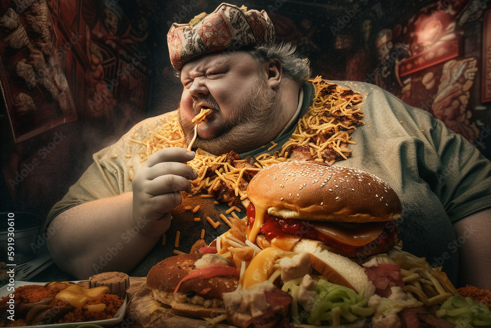 Generative ai creepy fat obese man eating hamburger sitting couch at ...