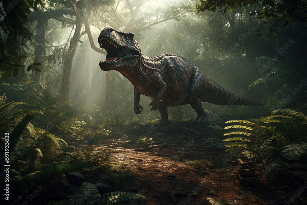 T-Rex dinosaur in the jungle, with its mouth open in a menacing growl ...