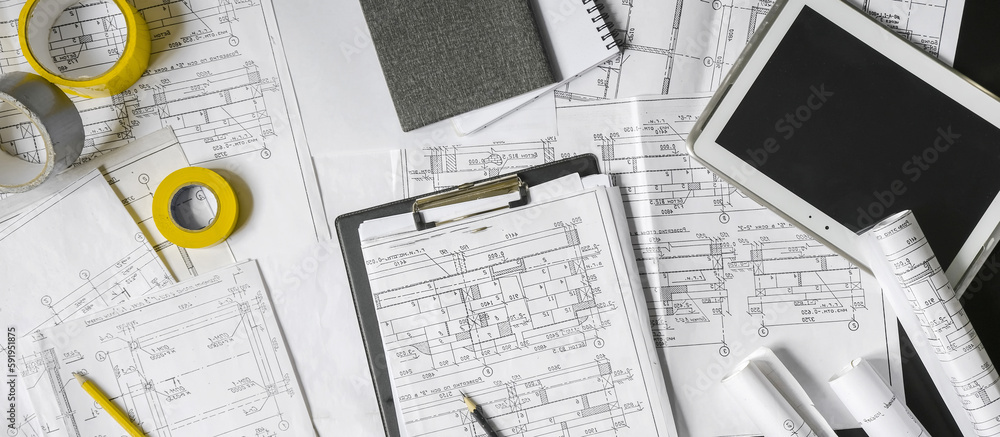 Architect works remotely from home in quarantine, lockdown covid 19 coronavirus. Remote work ...