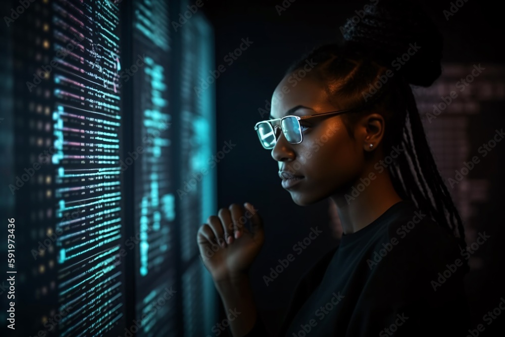 African American Black Woman Coder Programmer Using Computer For Coding Screen With Code Lines