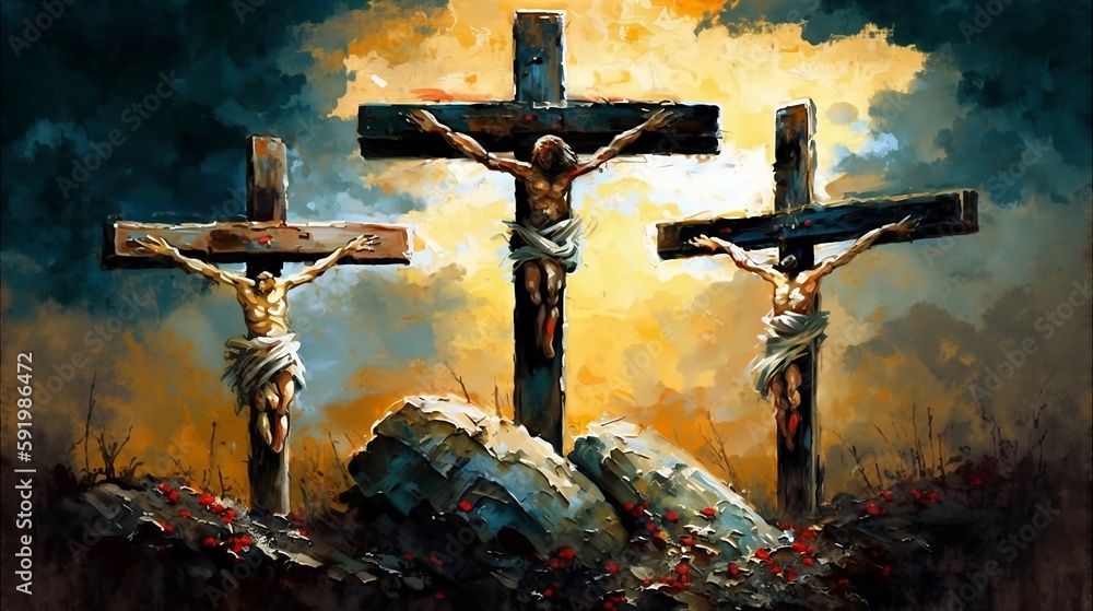 Three crosses on Golgotha, a picture symbolizing the crucifixion of ...