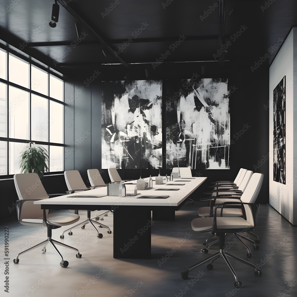 a modern meeting conference room with white and black abstract art on ...