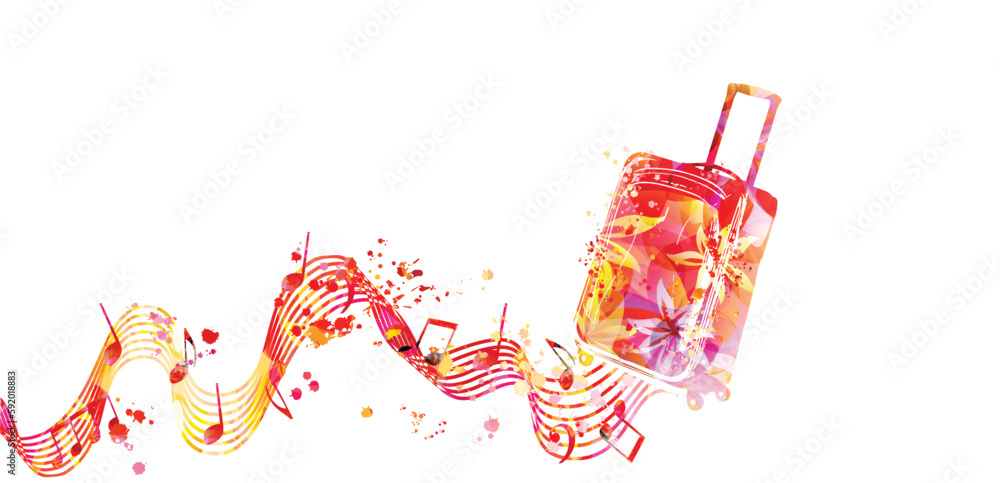 Carry-on luggage with musical notes isolated on white background for a ...