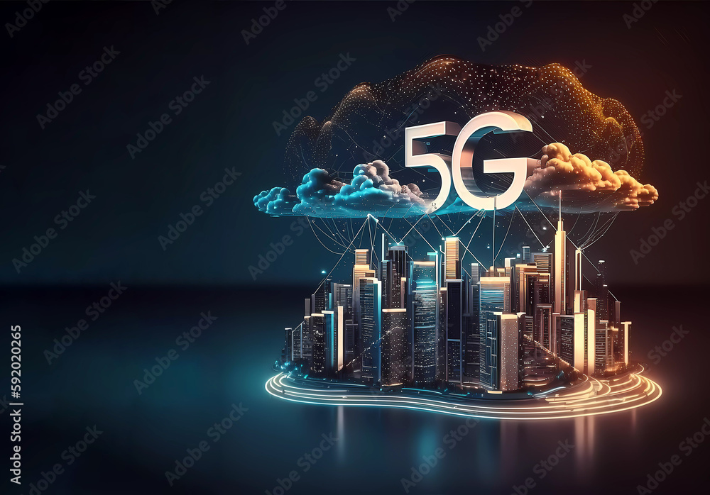 5G. Internet connection. Abstract connected dots and lines on city background. movement of the ...