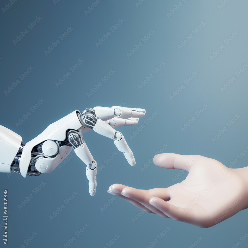 Robot hand and Human hand reach out to help each other. Collaboration ...